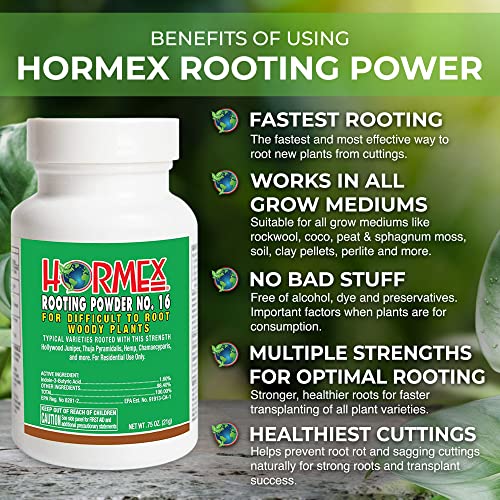 Hormex Rooting Powder #16 - for Difficult to Root Woody Plants - 1.6 IBA Rooting Hormone for Plant Cuttings - Fast & Effective - Free of Alcohol, Dye, Gel & Preservatives for Healthier Roots, 21g