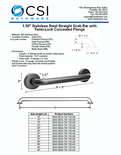 CSI Bathware Straight Grab Bar Bath, 12",1.50" Diameter Oil Rubbed Bronze