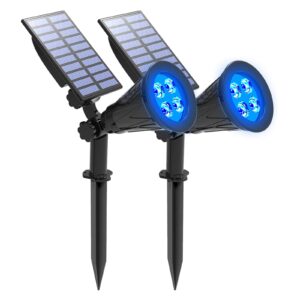 t-sunus blue solar spotlights, ip65 waterproof 4 led solar lights, auto-on/off security landscape light 180° angle adjustable wall light for tree,patio,yard,garden,driveway,pool area (2 pack)