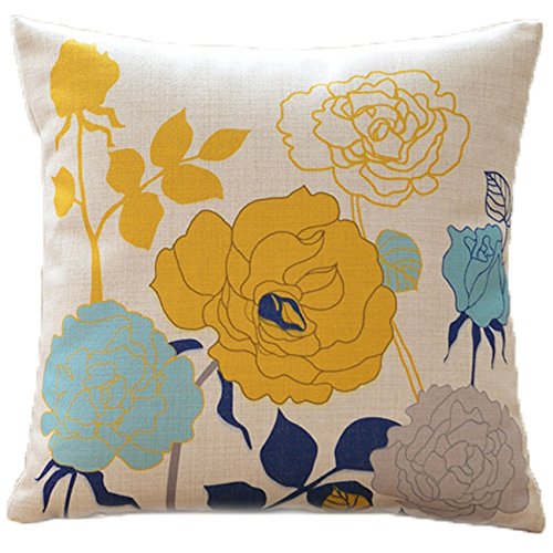 sykting Blue and Yellow Pillow Covers Farmhouse Cotton Linen Outdoor Throw Pillow Covers 18x18 inch Decorative for Couch Sofa Patio Porch Flowers Pattern Pack of 2