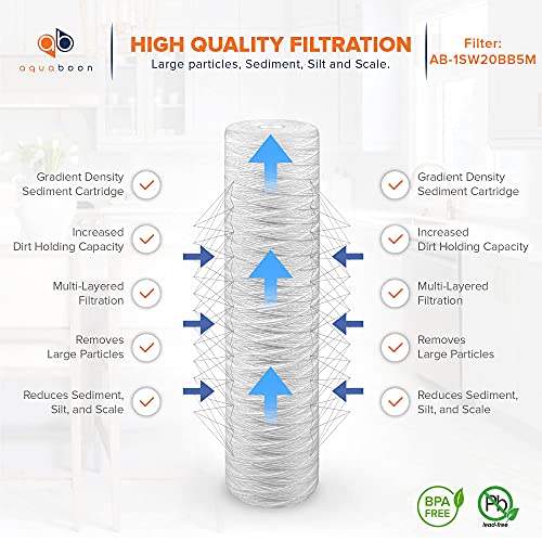 Aquaboon 5 Micron 20"x4.5" String Wound Sediment Water Filter Cartridge | Whole House Sediment Filtration | Compatible with PC40-20, WP1BB20P, 355222-45, WPP-45200-01, WPP-45200-01, 84650, 2-Pack