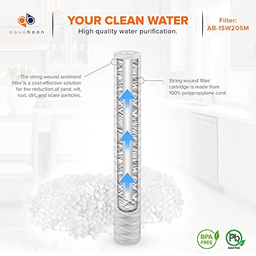 Aquaboon 5 Micron 20" x 2.5" String Wound Sediment Water Filter Cartridge | Universal Replacement for Any 20 inch RO Unit | Compatible with 101-230, PD-5-20, AP110-2C, P5-20, CFS124-C20, 10-Pack