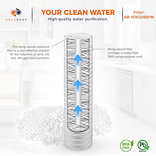 Aquaboon 1 Micron 20" ч 4.5" String Wound Sediment Water Filter Cartridge | Whole House Sediment Filtration | Compatible with PC40-20, WP1BB20P, 355222-45, WPP-45200-01, WPP-45200-01, 84650, 1-Pack