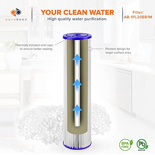 Aquaboon 1 Micron 20" x 4.5" Pleated Sediment Water Filter Replacement Cartridge | Whole House Sediment Filtration | Compatible with ECP5-BB, AP810-2, HDC3001, CP5-BB, SPC-45-1005, ECP1-20BB, 2-Pack