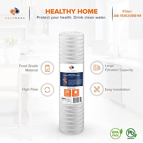 Aquaboon 1 Micron 20" x 4.5" String Wound Sediment Water Filter Cartridge | Whole House Sediment Filtration | Compatible with PC40-20, WP1BB20P, 355222-45, WPP-45200-01, WPP-45200-01, 84650, 4-Pack