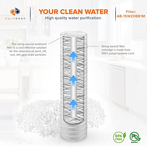 Aquaboon 1 Micron 20" x 4.5" String Wound Sediment Water Filter Cartridge | Whole House Sediment Filtration | Compatible with PC40-20, WP1BB20P, 355222-45, WPP-45200-01, WPP-45200-01, 84650, 4-Pack