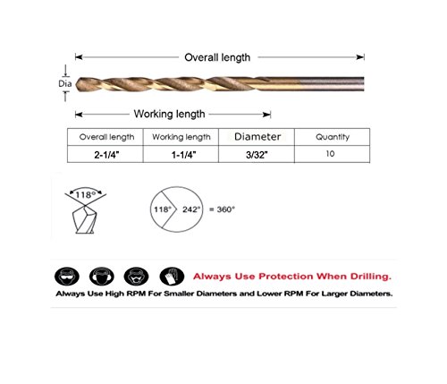 Drillforce 10 PCS,3/32" x 2-1/4"Titanium Coated Twist Drill Bits, Metal Drill, Ideal for Drilling on mild Steel, Copper, Aluminum, Zinc Alloy etc. Pack in Plastic Bag (3/32)