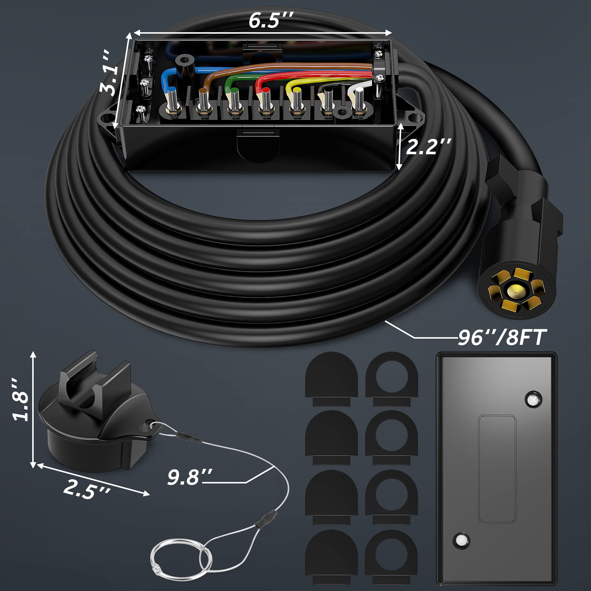 MICTUNING Heavy Duty 7 Way Plug Inline Trailer Cord with 7 Gang Junction Box - 8 Feet, Weatherproof