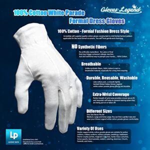 3 Pairs (6 Gloves) - Gloves Legend - 100% Cotton White Marching Band Parade Formal Dress Costume Gloves For Men - Size Large