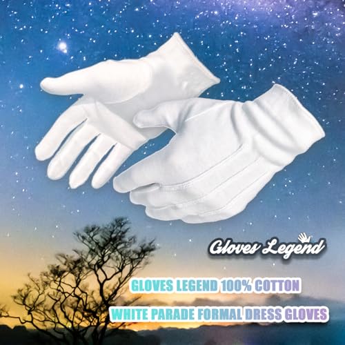 3 Pairs (6 Gloves) - Gloves Legend - 100% Cotton White Marching Band Parade Formal Dress Costume Gloves For Men - Size Large