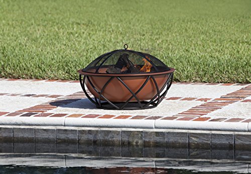 Fire Sense 62241 Fire Pit Barzelonia Copper-Look Wood Burning Lightweight Portable Outdoor Firepit Backyard Fireplace Camping Bonfire Included Screen Lift Tool & Cooking Grate - Round - 26"