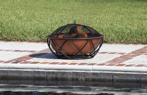 Fire Sense 62241 Fire Pit Barzelonia Copper-Look Wood Burning Lightweight Portable Outdoor Firepit Backyard Fireplace Camping Bonfire Included Screen Lift Tool & Cooking Grate - Round - 26"