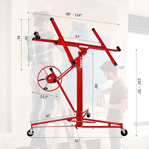 Drywall Lift 11' Drywall Panel Hoist Construction Rolling Caster Wheel Lockable Tool Jack Lifter Jack Drywall Lift Construction Tools (Red)