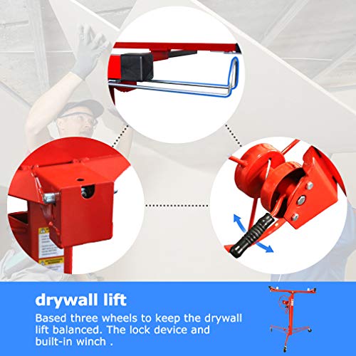 Drywall Lift 11' Drywall Panel Hoist Construction Rolling Caster Wheel Lockable Tool Jack Lifter Jack Drywall Lift Construction Tools (Red)