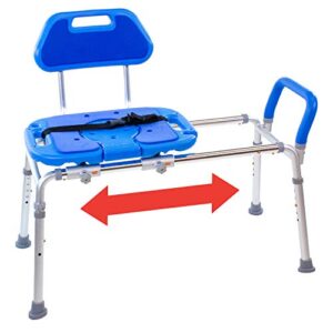 sliding shower chair hydroglyde premium heavy duty, padded bathtub transfer bench with cut out seat, for bath tub, adjustable legs, and safety belt, quick tool-less assembly, blue