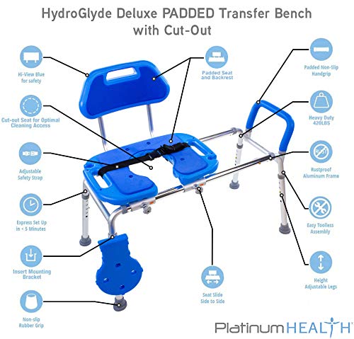 Sliding Shower Chair HydroGlyde Premium Heavy Duty, Padded Bathtub Transfer Bench with Cut Out Seat, for Bath Tub, Adjustable Legs, and Safety Belt, Quick Tool-Less Assembly, Blue