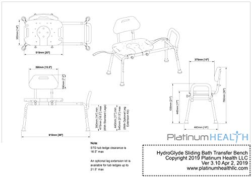 Sliding Shower Chair HydroGlyde Premium Heavy Duty, Padded Bathtub Transfer Bench with Cut Out Seat, for Bath Tub, Adjustable Legs, and Safety Belt, Quick Tool-Less Assembly, Blue