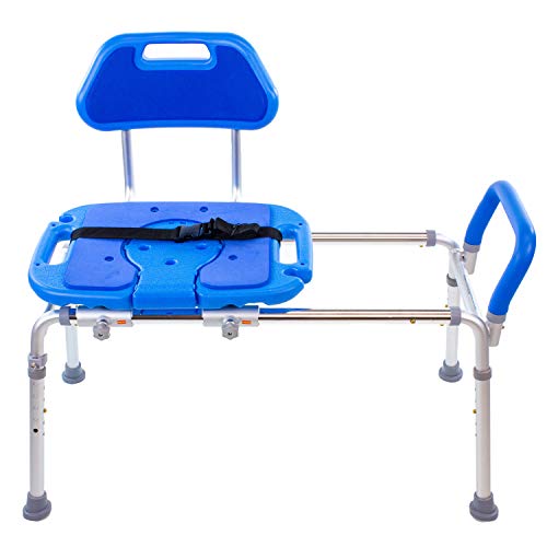 Sliding Shower Chair HydroGlyde Premium Heavy Duty, Padded Bathtub Transfer Bench with Cut Out Seat, for Bath Tub, Adjustable Legs, and Safety Belt, Quick Tool-Less Assembly, Blue