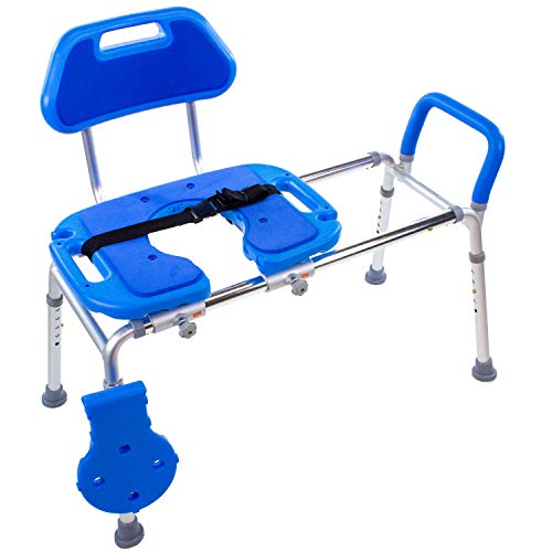 Sliding Shower Chair HydroGlyde Premium Heavy Duty, Padded Bathtub Transfer Bench with Cut Out Seat, for Bath Tub, Adjustable Legs, and Safety Belt, Quick Tool-Less Assembly, Blue