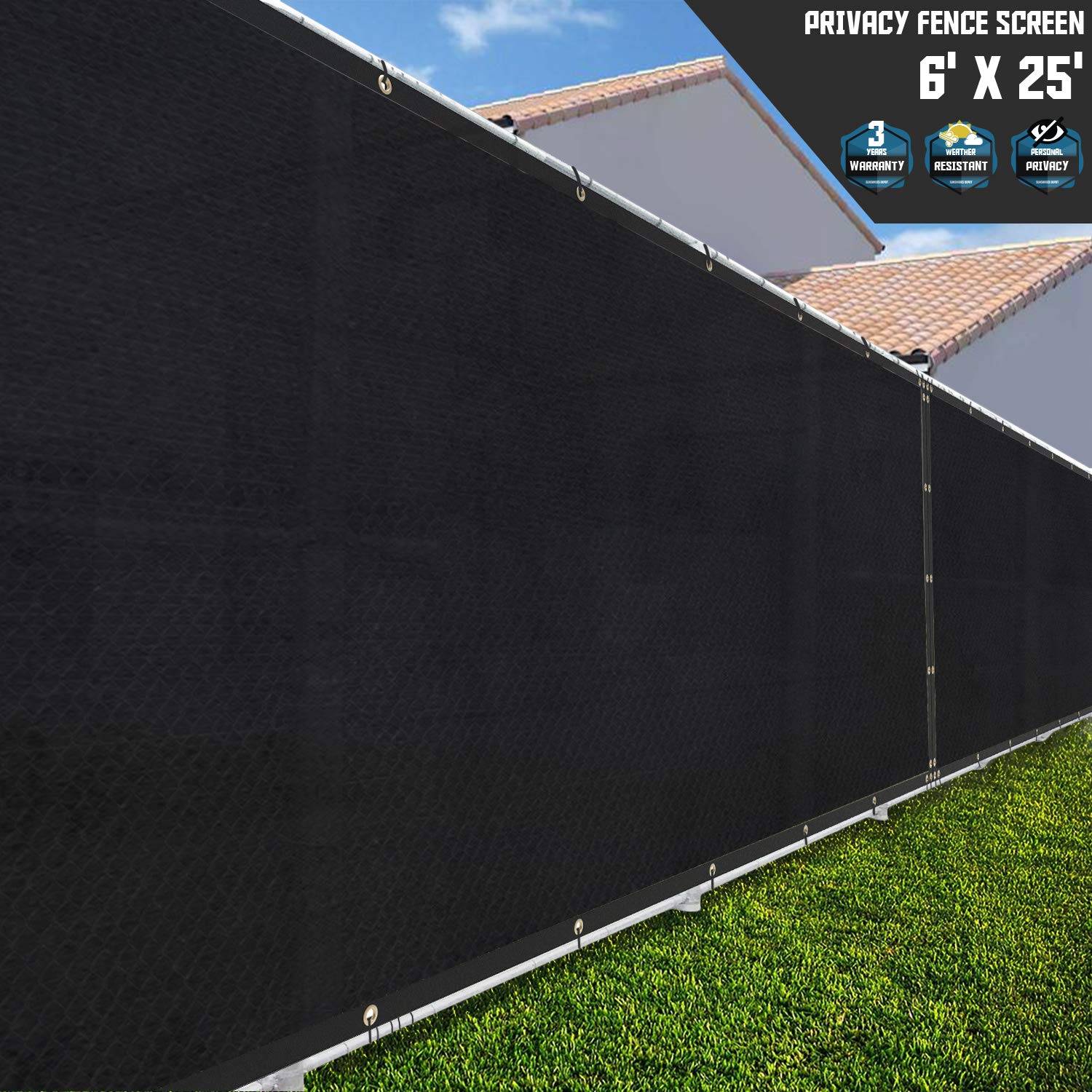 TANG Sunshades Depot 6'FTx 25'FT Black Fence Privacy Screen Temporary Fence Privacy Screen 150 GSM Windscreen Fence Netting Cover 88% Privacy Blockage Excellent Airflow 3 Years Warranty with Zipties