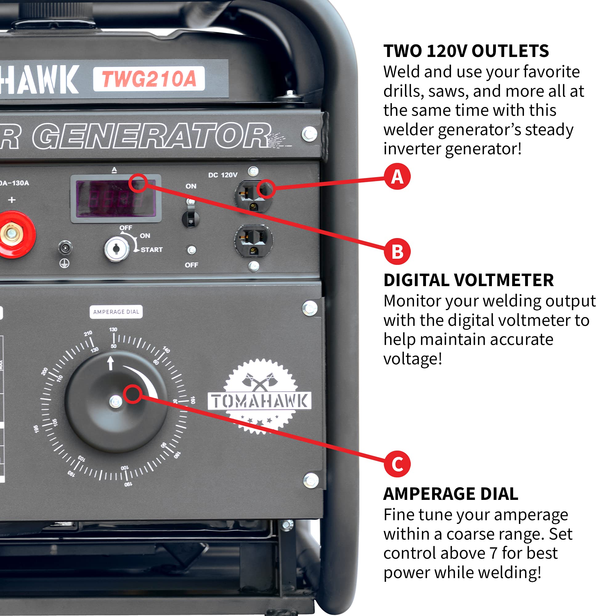 TOMAHAWK 15 HP Engine Driven Portable 2,000 Watt Generator with 210 Amp Stick and TIG Welder with Kit