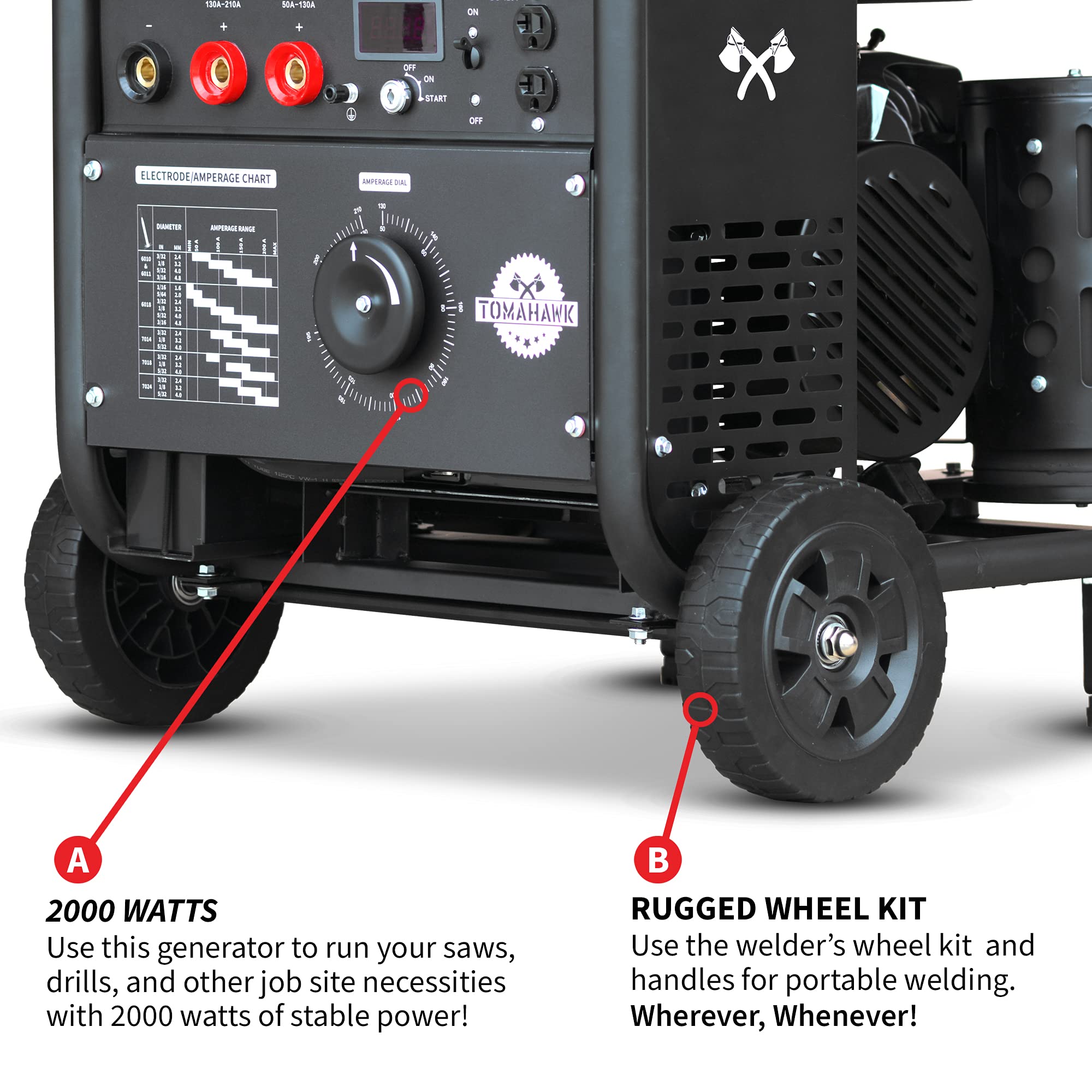 TOMAHAWK 15 HP Engine Driven Portable 2,000 Watt Generator with 210 Amp Stick and TIG Welder with Kit