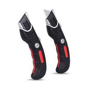 internet's best ergonomic utility knife - set of 2 - retractable razor knife set - box cutter locking razor knife - storage pouch extra blade refills - quick blade change - black