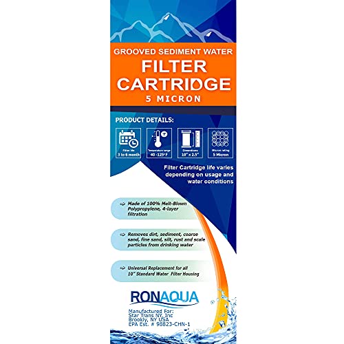 Grooved Sediment Water Filter Cartridge by Ronaqua 10"x 2.5", Four Layers of Filtration, Removes Sand, Dirt, Silt, Rust, made from Polypropylene (25 Pack, 5 Micron)