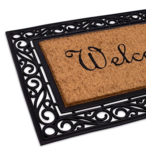 BirdRock Home Classic Welcome Brush Coir Doormat with Black Rubber Scroll Border, 24 x 36 Inch - Elegant Design