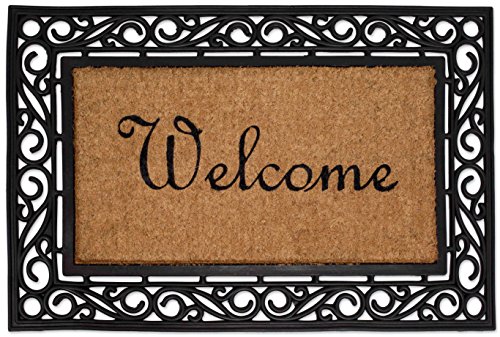 BirdRock Home Classic Welcome Brush Coir Doormat with Black Rubber Scroll Border, 24 x 36 Inch - Elegant Design