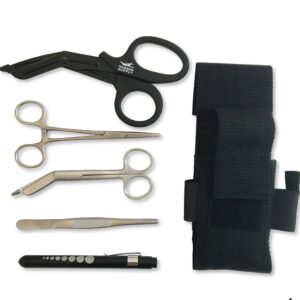 Madison Supply - EMT and First Responder Medical Tool Kit: Adjustable Nylon Belt Pouch, Premium First Aid Gear: EMT Shears, 5.75" Bandage Scissors, 5.75" Forceps, 6" Hemostat, and Pupil Light