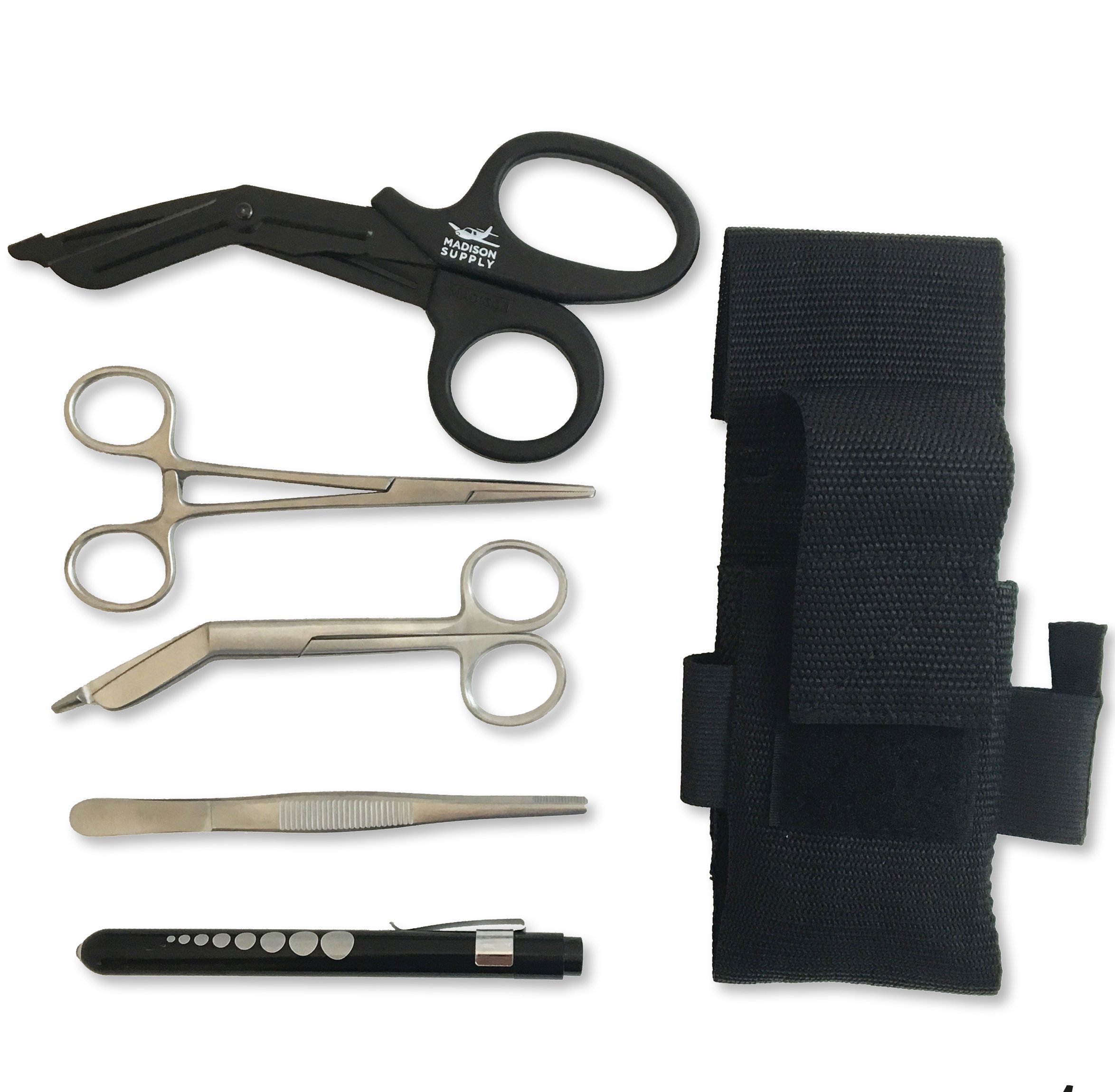 Madison Supply - EMT and First Responder Medical Tool Kit: Adjustable Nylon Belt Pouch, Premium First Aid Gear: EMT Shears, 5.75" Bandage Scissors, 5.75" Forceps, 6" Hemostat, and Pupil Light