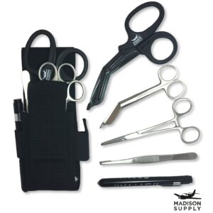 Madison Supply - EMT and First Responder Medical Tool Kit: Adjustable Nylon Belt Pouch, Premium First Aid Gear: EMT Shears, 5.75" Bandage Scissors, 5.75" Forceps, 6" Hemostat, and Pupil Light