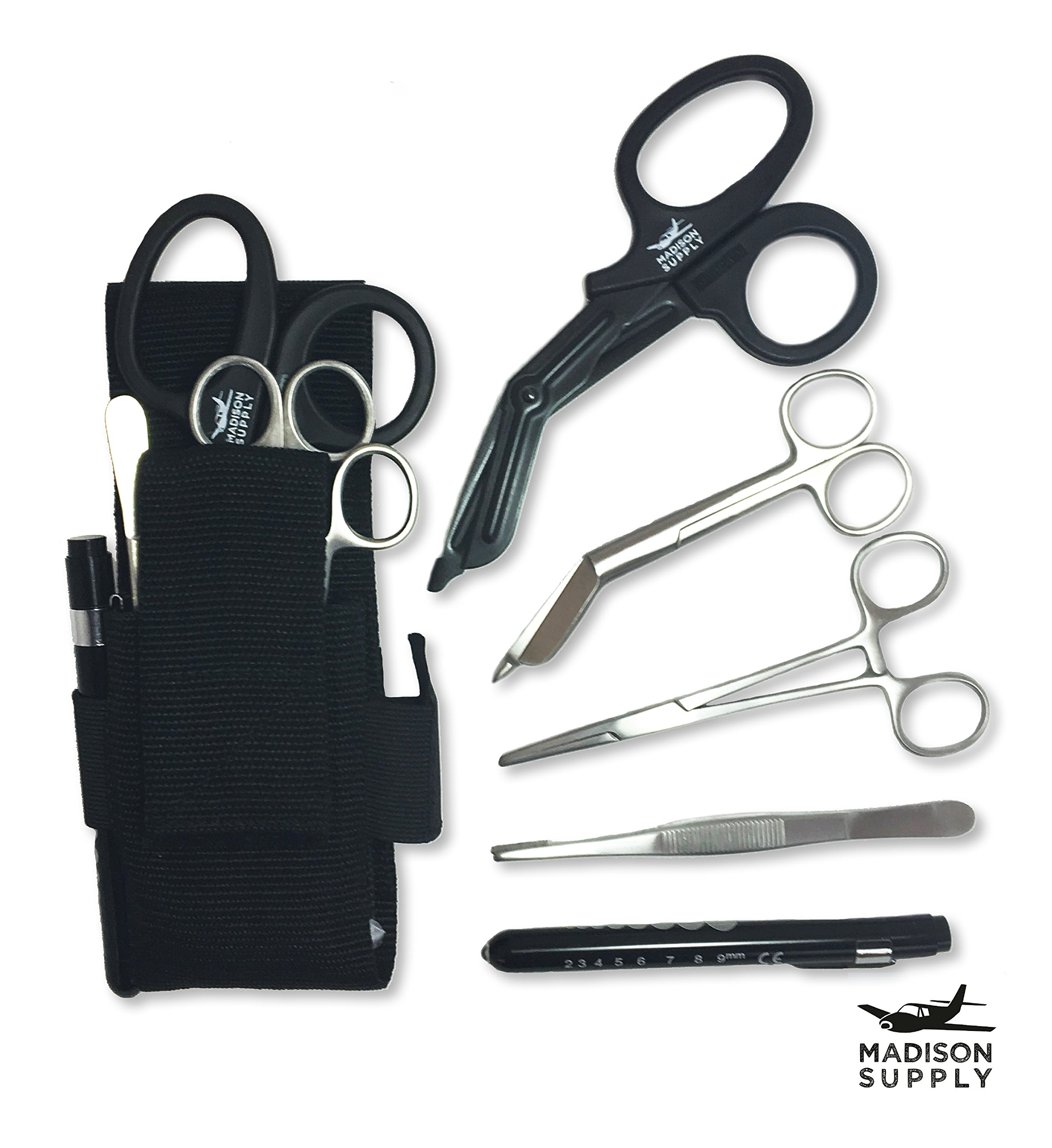 Madison Supply - EMT and First Responder Medical Tool Kit: Adjustable Nylon Belt Pouch, Premium First Aid Gear: EMT Shears, 5.75" Bandage Scissors, 5.75" Forceps, 6" Hemostat, and Pupil Light