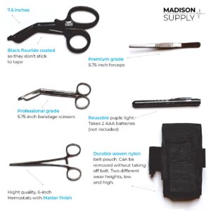 Madison Supply - EMT and First Responder Medical Tool Kit: Adjustable Nylon Belt Pouch, Premium First Aid Gear: EMT Shears, 5.75" Bandage Scissors, 5.75" Forceps, 6" Hemostat, and Pupil Light