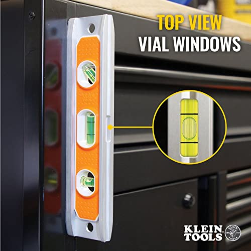 Klein Tools 935R Level, 9-Inch Magnetic Aluminum Torpedo Level with 0/45/90 Degree Vials and V-groove, Tapered Nose