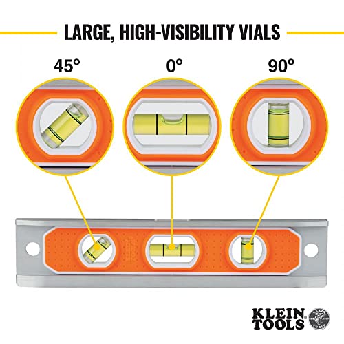 Klein Tools 935R Level, 9-Inch Magnetic Aluminum Torpedo Level with 0/45/90 Degree Vials and V-groove, Tapered Nose