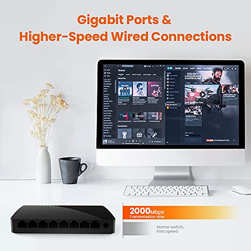 Tenda SG108, 8-Port Gigabit Ethernet Switch, Unmanaged Network Hub, Ethernet Splitter, Plug & Play, Shielded Ports & Plastic Case, Desktop/ Wall-Mount, Fan-less, Limited Lifetime Protection