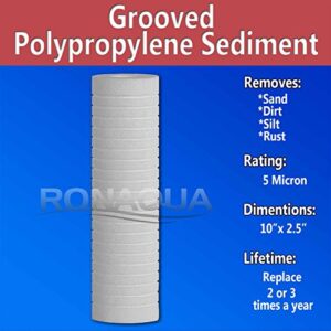 Grooved Sediment Water Filter Cartridge by Ronaqua 10"x 2.5", Four Layers of Filtration, Removes Sand, Dirt, Silt, Rust, made from Polypropylene (40 Pack, 5 Micron)