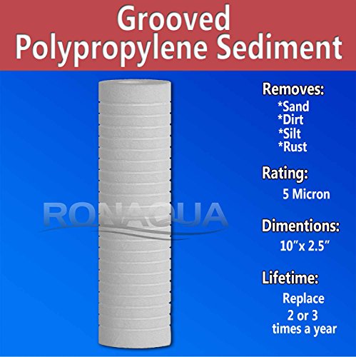 Grooved Sediment Water Filter Cartridge by Ronaqua 10"x 2.5", Four Layers of Filtration, Removes Sand, Dirt, Silt, Rust, made from Polypropylene (40 Pack, 5 Micron)