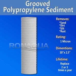 Grooved Sediment Water Filter Cartridge by Ronaqua 10"x 2.5", Four Layers of Filtration, Removes Sand, Dirt, Silt, Rust, made from Polypropylene (25 Pack, 1 Micron)