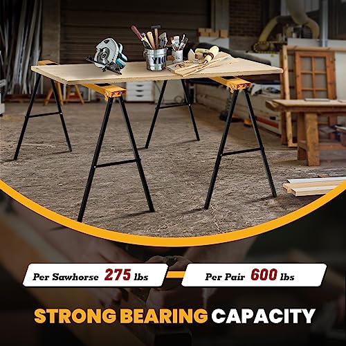 Goplus Saw Horses 2 Pack Folding, Portable Sawhorse with Fast Open Legs, Convenient Handle. Heavy Duty Steel Sawhorse for Woodworking, Carpenters, Contractors, Fully Assembled