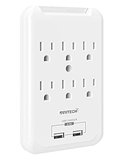 Multi-Function Wall Mount Outlet Adapter, Surge Protector Charging Station, OviiTech Dual 2.1AMP USB Charging Ports,6 AC Socket Outlet Splitter Plugs,White,ETL Certified