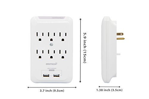 Multi-Function Wall Mount Outlet Adapter, Surge Protector Charging Station, OviiTech Dual 2.1AMP USB Charging Ports,6 AC Socket Outlet Splitter Plugs,White,ETL Certified