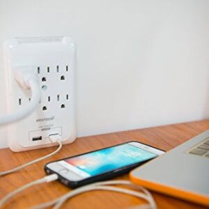 Multi-Function Wall Mount Outlet Adapter, Surge Protector Charging Station, OviiTech Dual 2.1AMP USB Charging Ports,6 AC Socket Outlet Splitter Plugs,White,ETL Certified