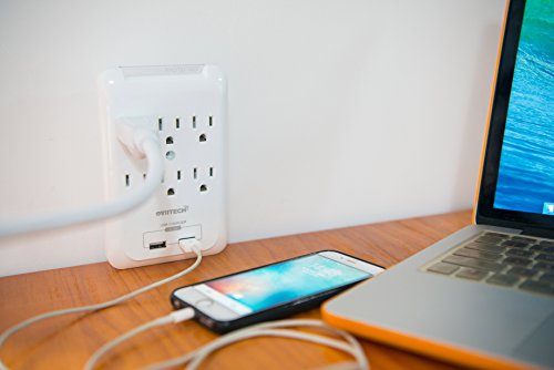 Multi-Function Wall Mount Outlet Adapter, Surge Protector Charging Station, OviiTech Dual 2.1AMP USB Charging Ports,6 AC Socket Outlet Splitter Plugs,White,ETL Certified