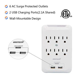 Multi-Function Wall Mount Outlet Adapter, Surge Protector Charging Station, OviiTech Dual 2.1AMP USB Charging Ports,6 AC Socket Outlet Splitter Plugs,White,ETL Certified