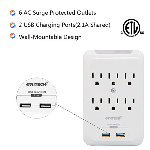 Multi-Function Wall Mount Outlet Adapter, Surge Protector Charging Station, OviiTech Dual 2.1AMP USB Charging Ports,6 AC Socket Outlet Splitter Plugs,White,ETL Certified