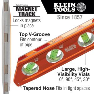 Klein Tools 935RB Torpedo Level, 8-Inch Billet Magnetic Level, 0/30/45/90 Degree Vials, V-Groove, Tapered Nose, High-Visibility Vial and Body