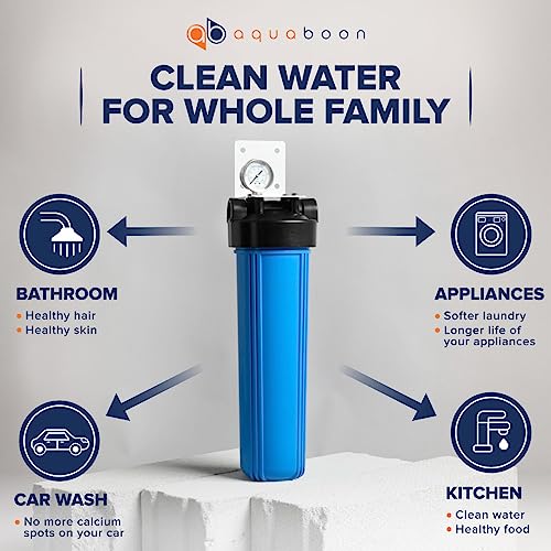 Whole House Water Filter System Housing 20" x 4.5" for Well Water - w/Wrench, Bracket & Pressure Gauge & Release Button(1" Port) and Carbon Block Water Filter - Compatible With Pentek 150234, BBFS-22